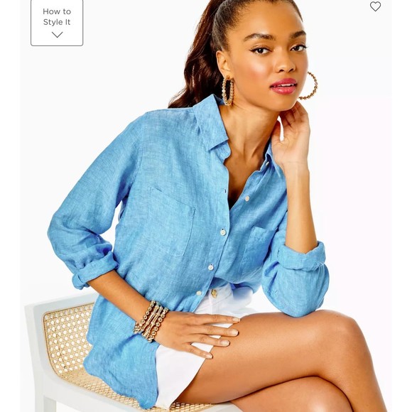 Lilly Pulitzer | Tops | Lilly Pulitzer Sea View Button Down 0 Linen Beckon Blue X Sea Salt M ...